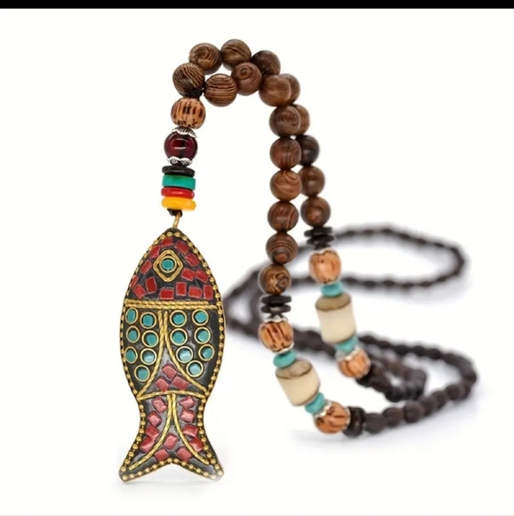 Jewelry | New Beaded Mosaic Wood Fish Necklace | Poshmark